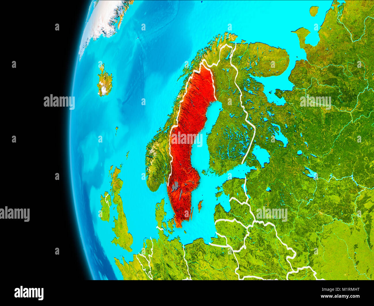 Sweden as seen from Earth’s orbit on planet Earth highlighted in red ...