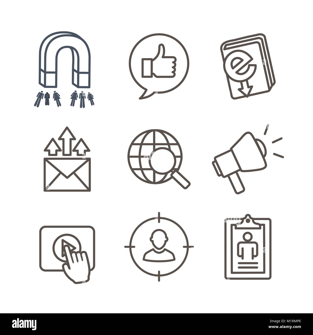 Inbound marketing icon set with magnet, social, email, & promotion ...