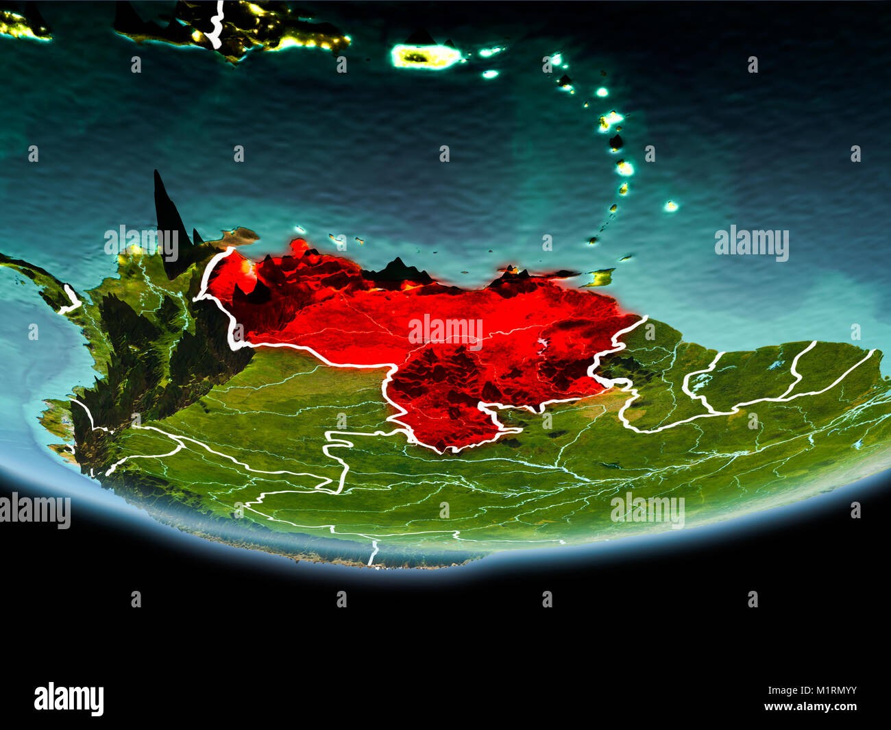 Country of Venezuela in red on planet Earth in the evening with visible ...