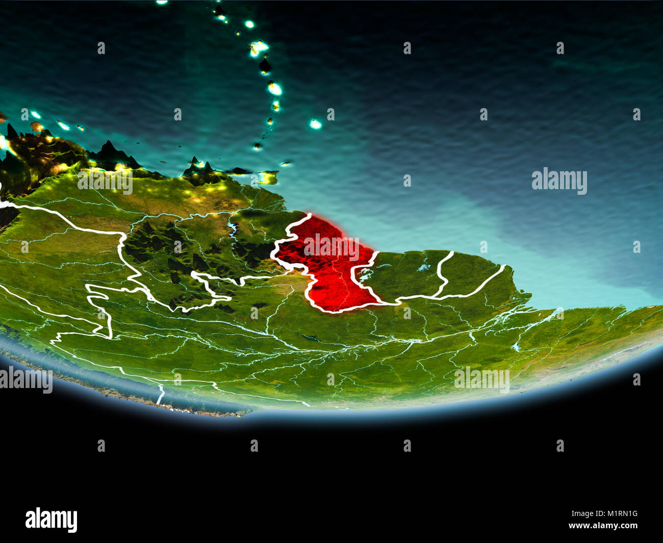 Country of Guyana in red on planet Earth in the evening with visible ...