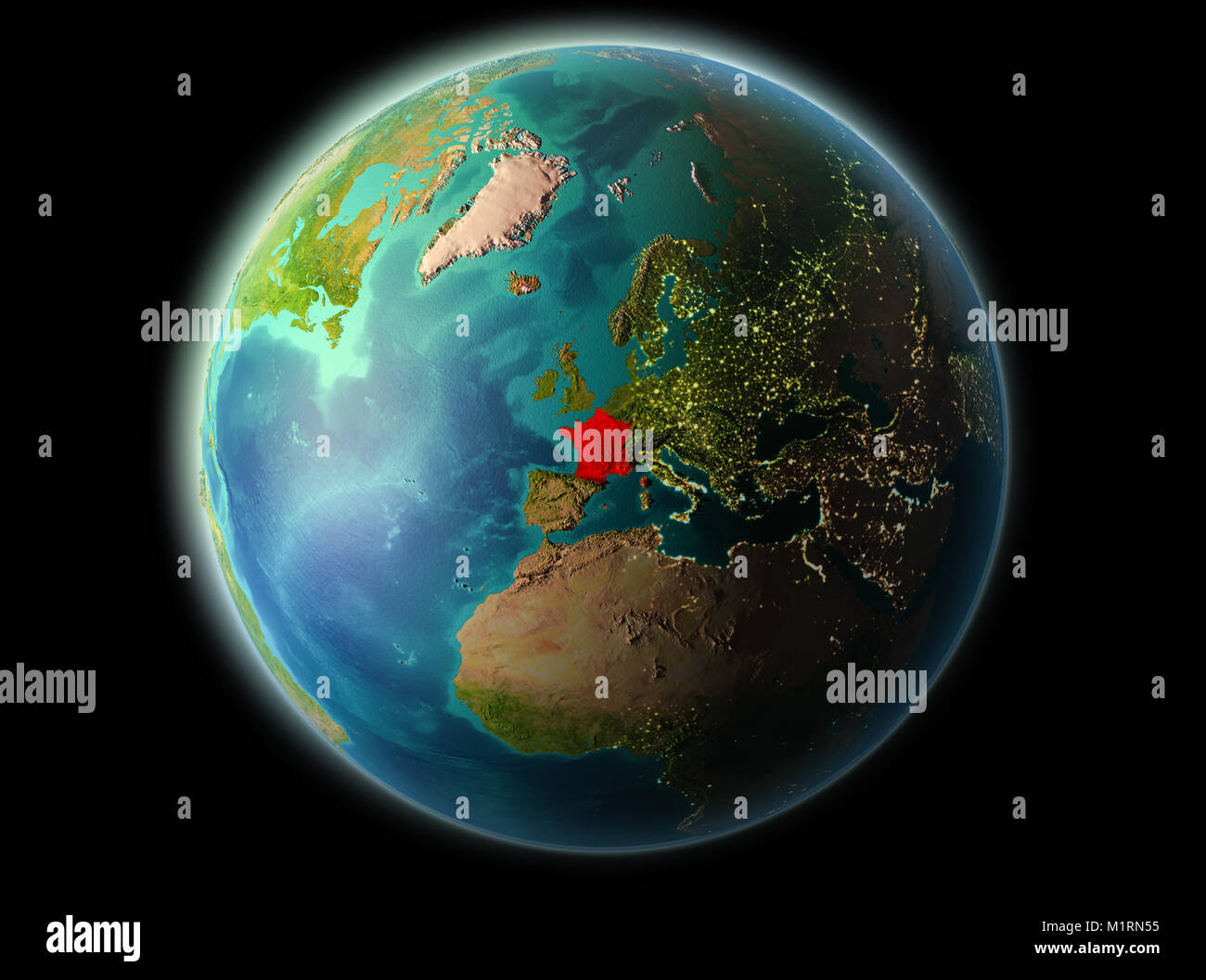 France from orbit of planet Earth at night with highly detailed surface ...