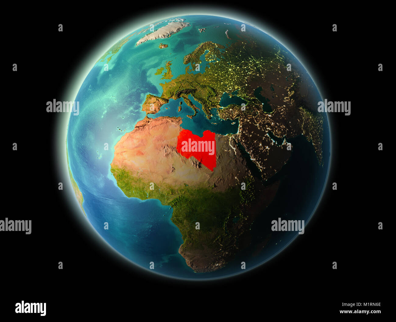 Libya from orbit of planet Earth at night with highly detailed surface ...