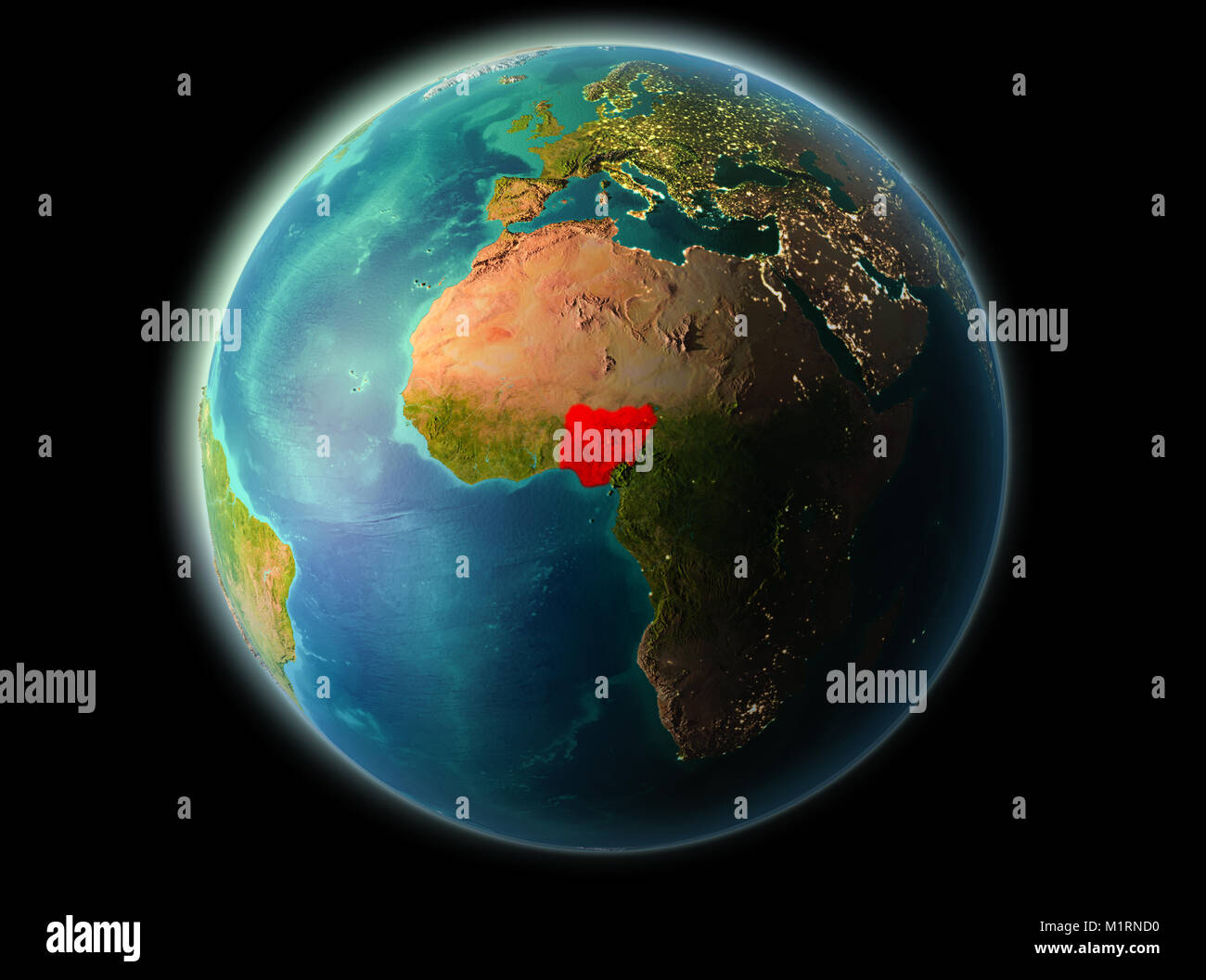 Nigeria from orbit of planet Earth at night with highly detailed ...