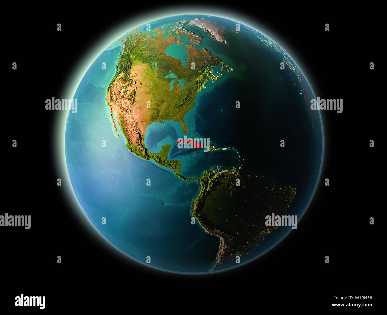 Cuba from orbit of planet Earth at night with highly detailed surface ...