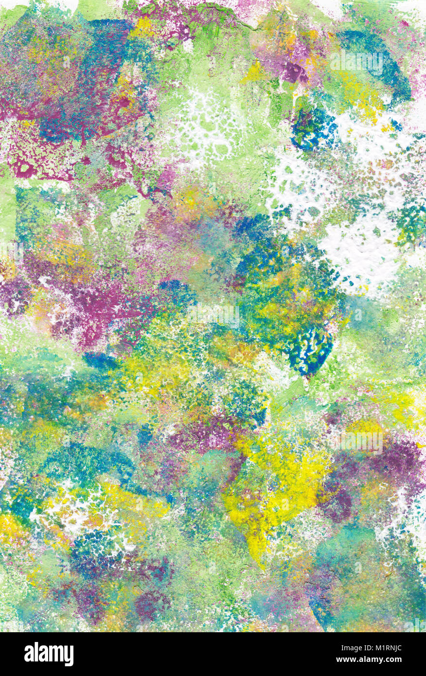 Textured abstract daubs of multicoloured paint on paper background ...