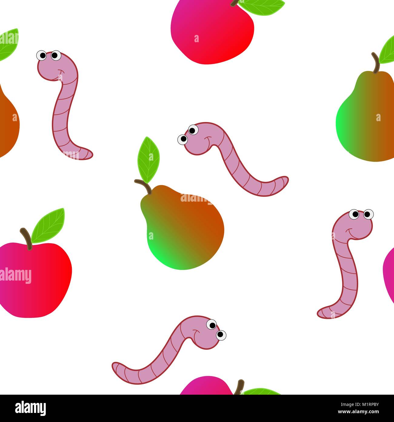 Seamless texture for kids consists of cartoon of a worm in the fruit ...