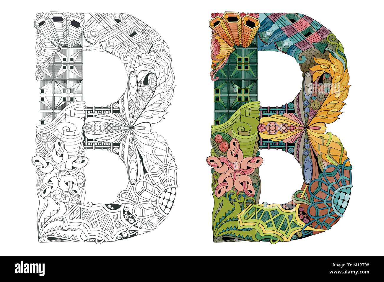 Hand-painted art design. Letter B zentangle objects. Colored and ...
