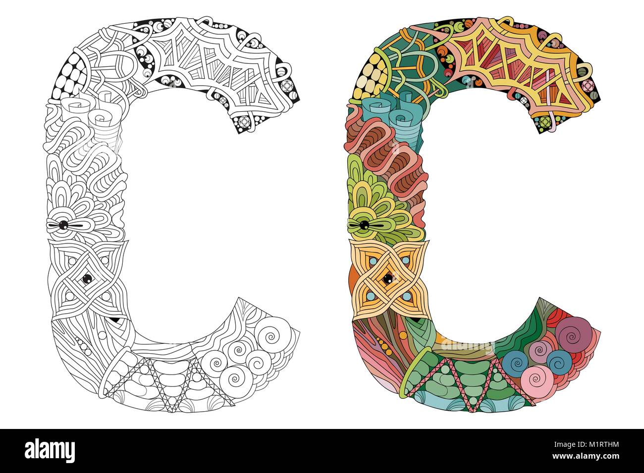 Hand-painted art design. Letter C zentangle objects. Colored and ...