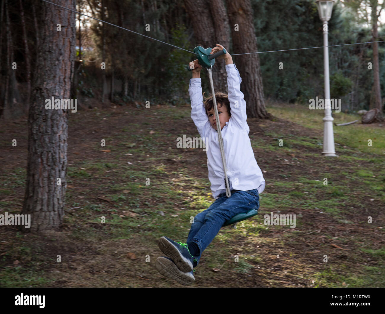 Child playing and sliding on a zip line between two trees in his garden ...