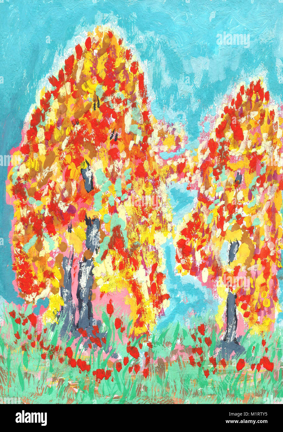 Hand drawn gouache drawing Colored autumn trees Stock Photo - Alamy