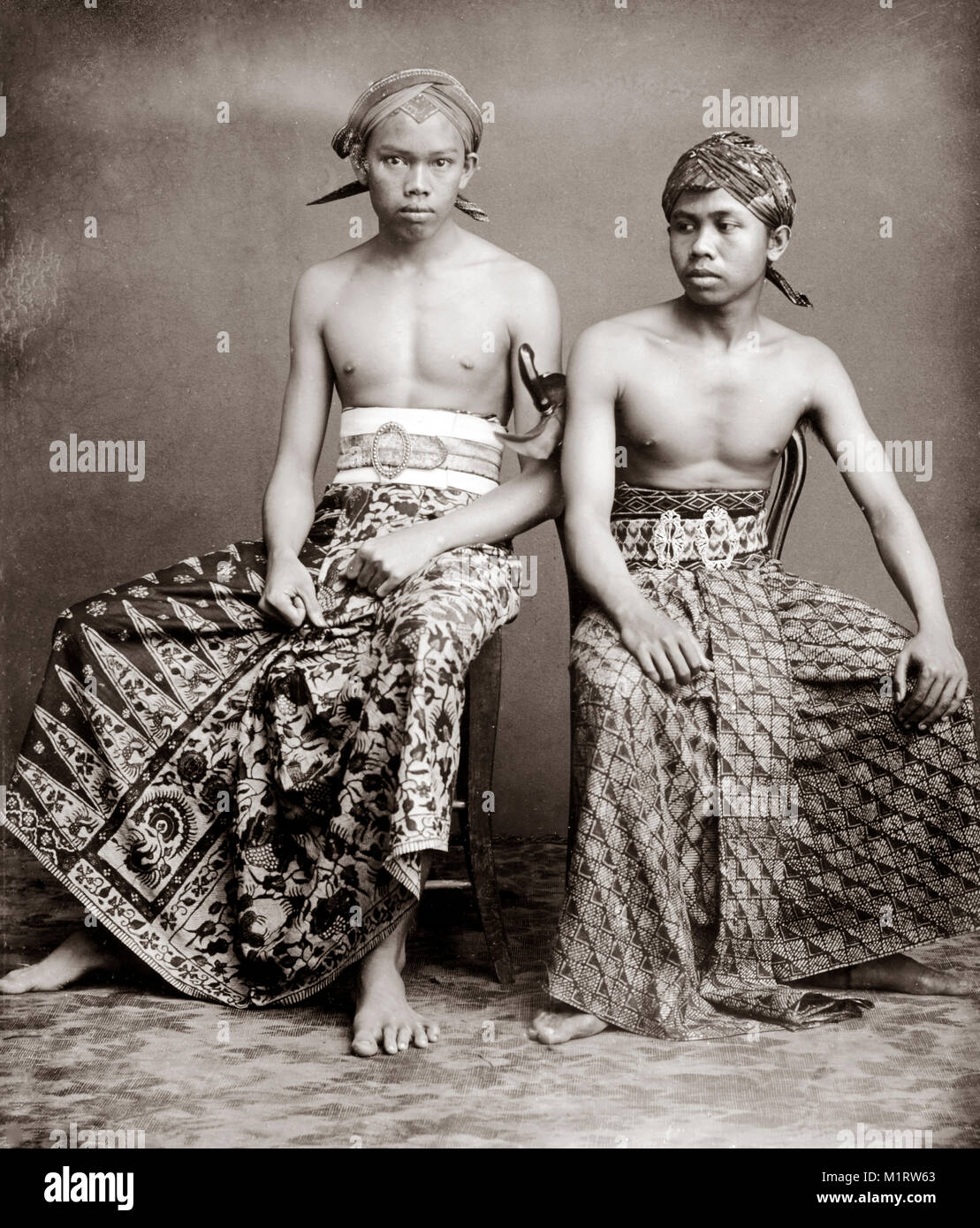c.1880 South East Asia - two men from Java Indonesia in traditional ...