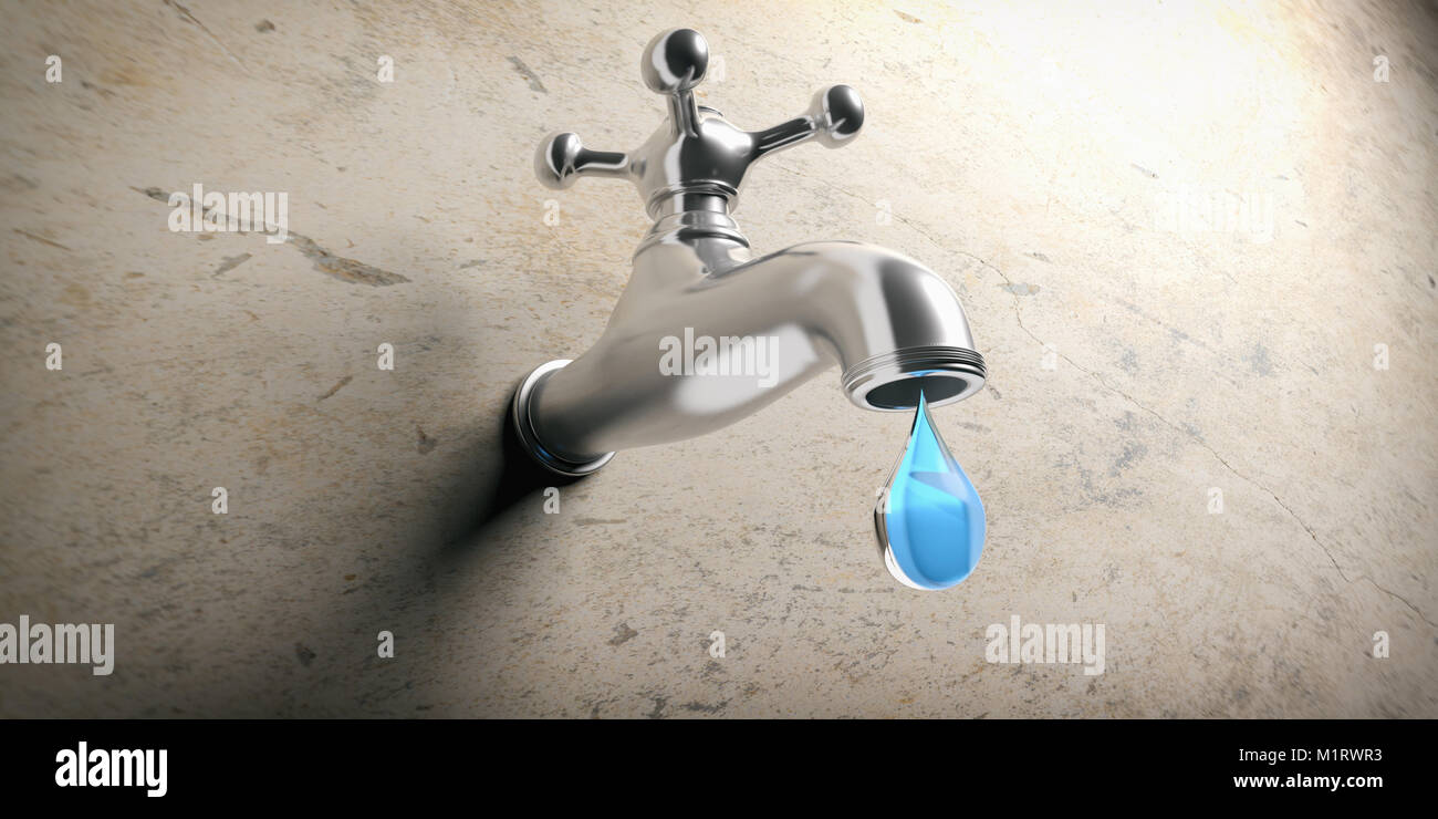 Water drip concept. Metal water tap and a blue drop on beige background ...