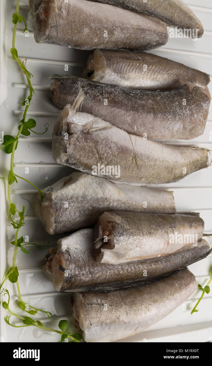 a lot of frozen fresh hake fish with greens Stock Photo - Alamy