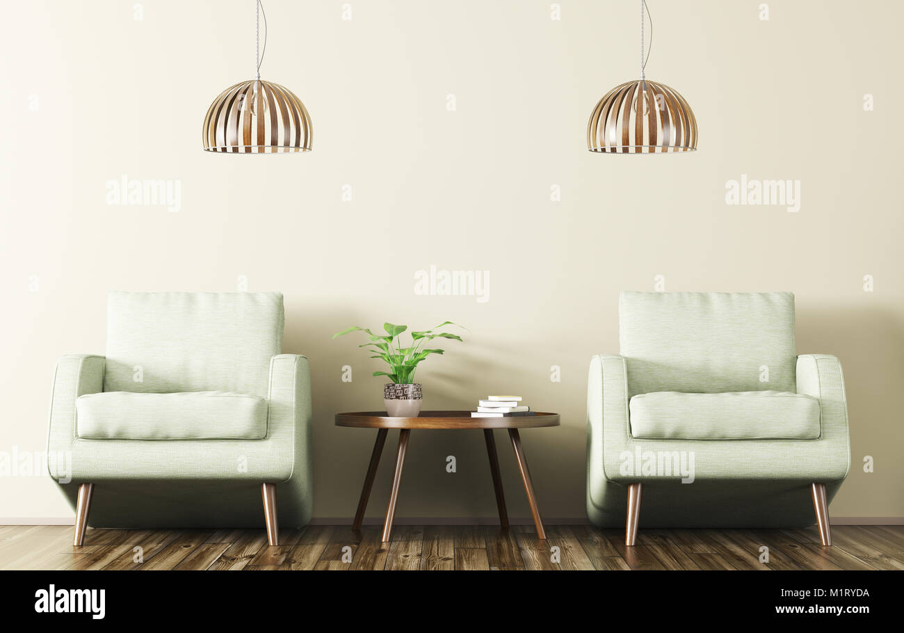 Modern interior of living room with wooden coffee table and two ...