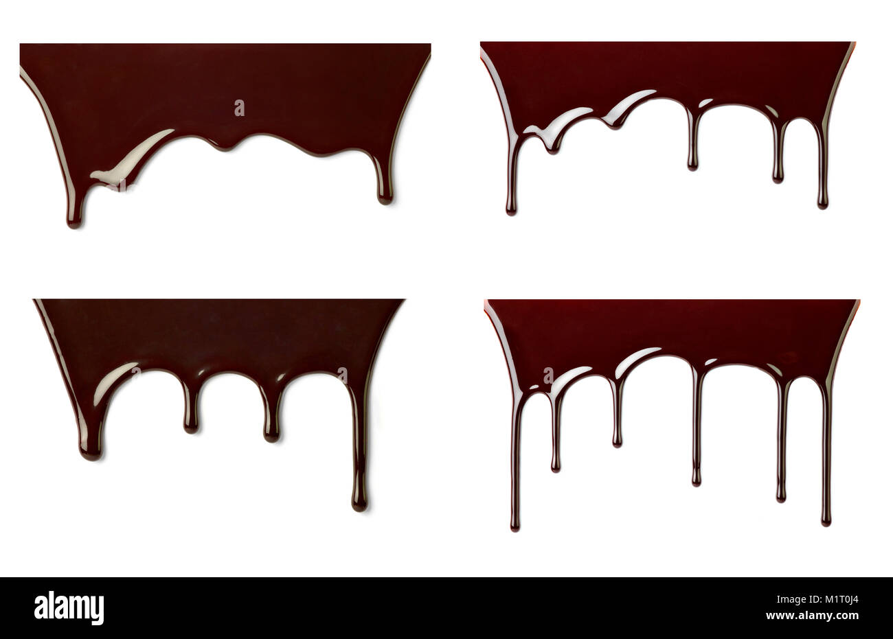 collection of various chocolate syrup leaking on white background. each ...