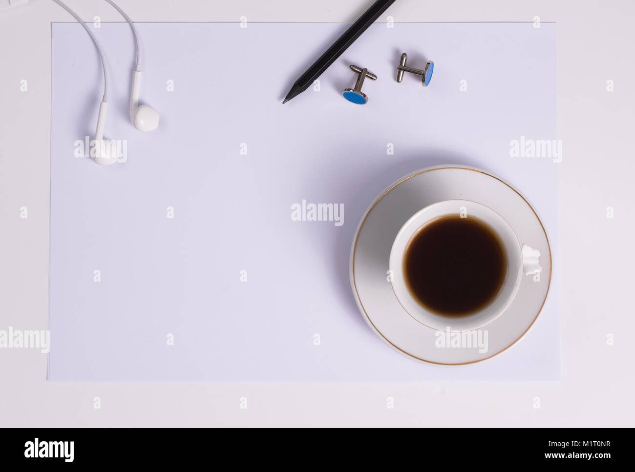 Work desk scene, various office tools Stock Photo - Alamy