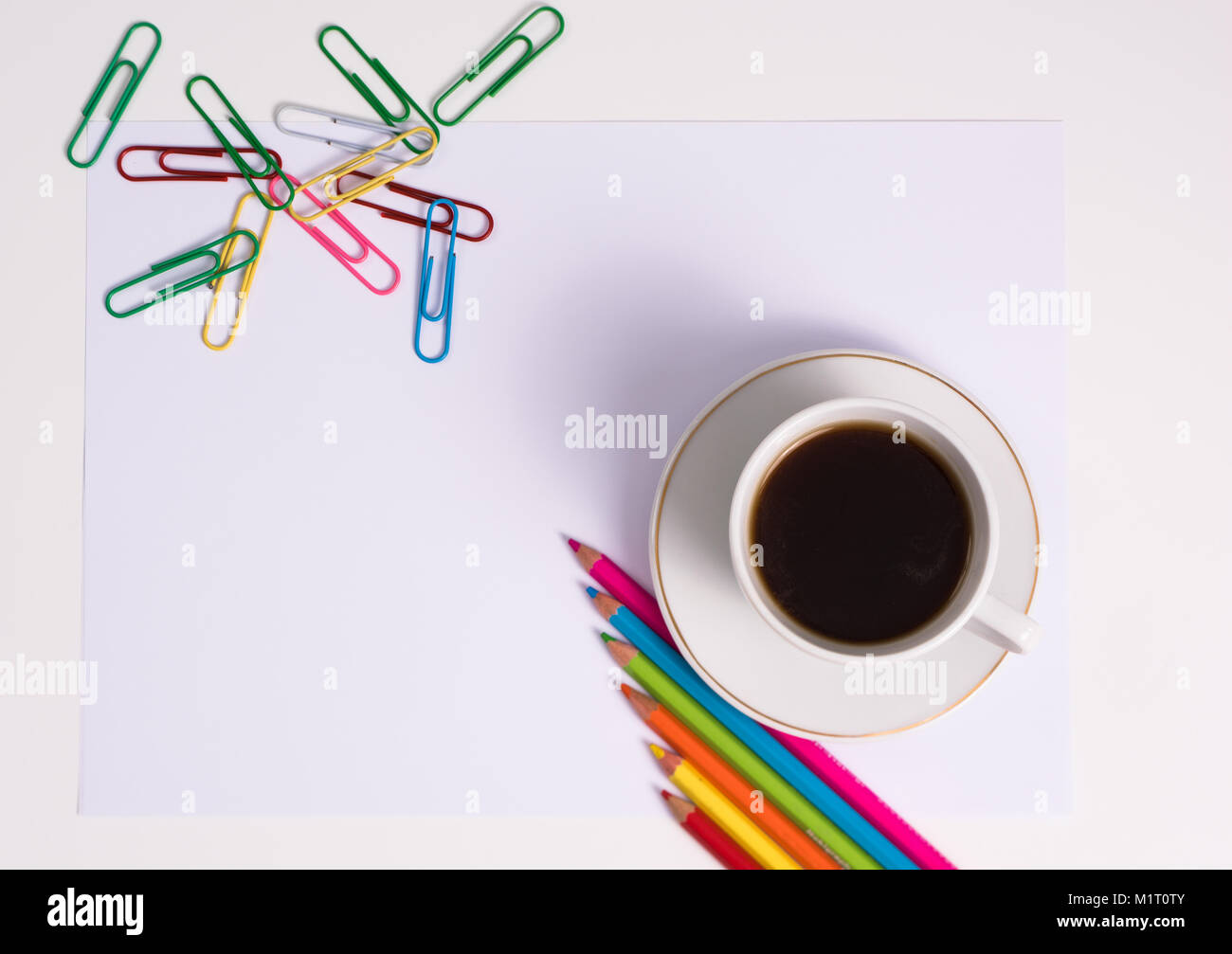 Work desk scene, various office tools Stock Photo - Alamy