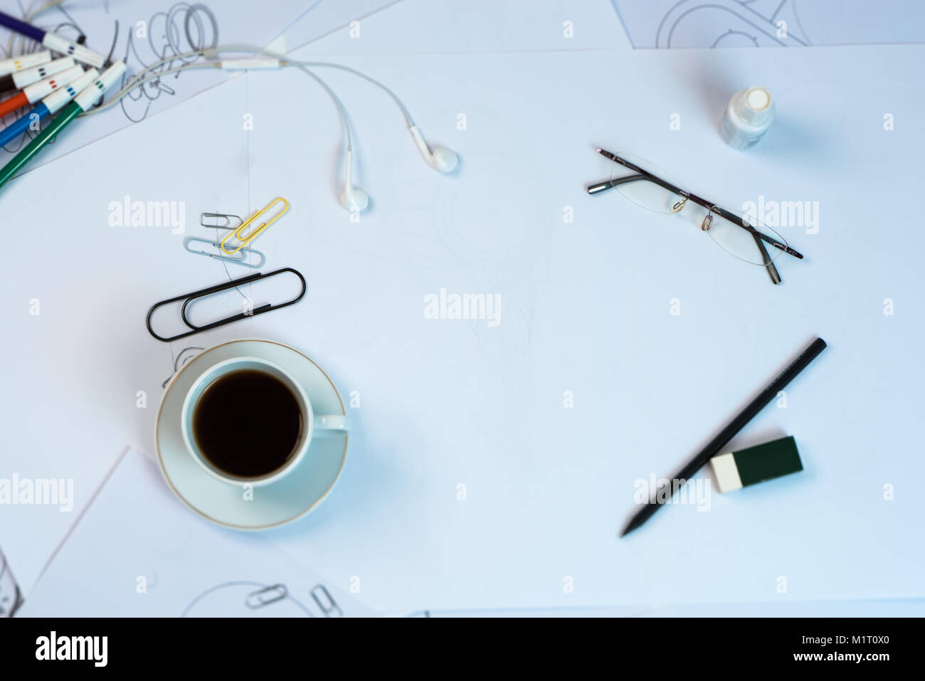 Work desk scene, various office tools Stock Photo - Alamy