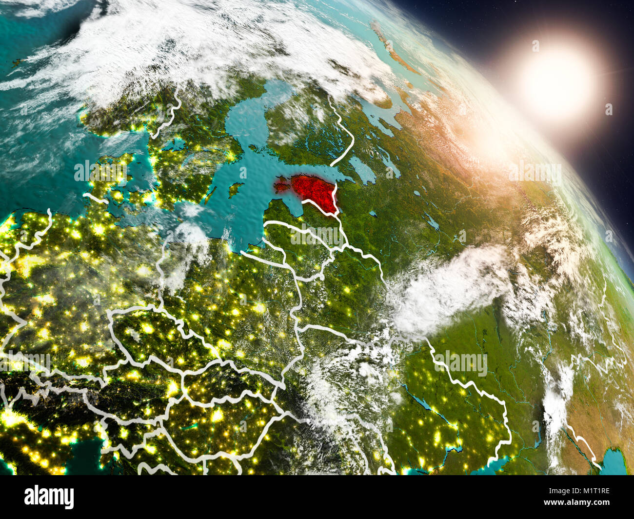 Sunset above Estonia from space on planet Earth with visible country ...