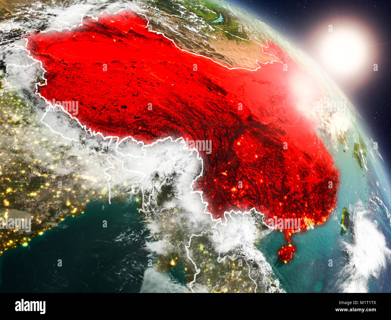 Sunset above China from space on planet Earth with visible country ...