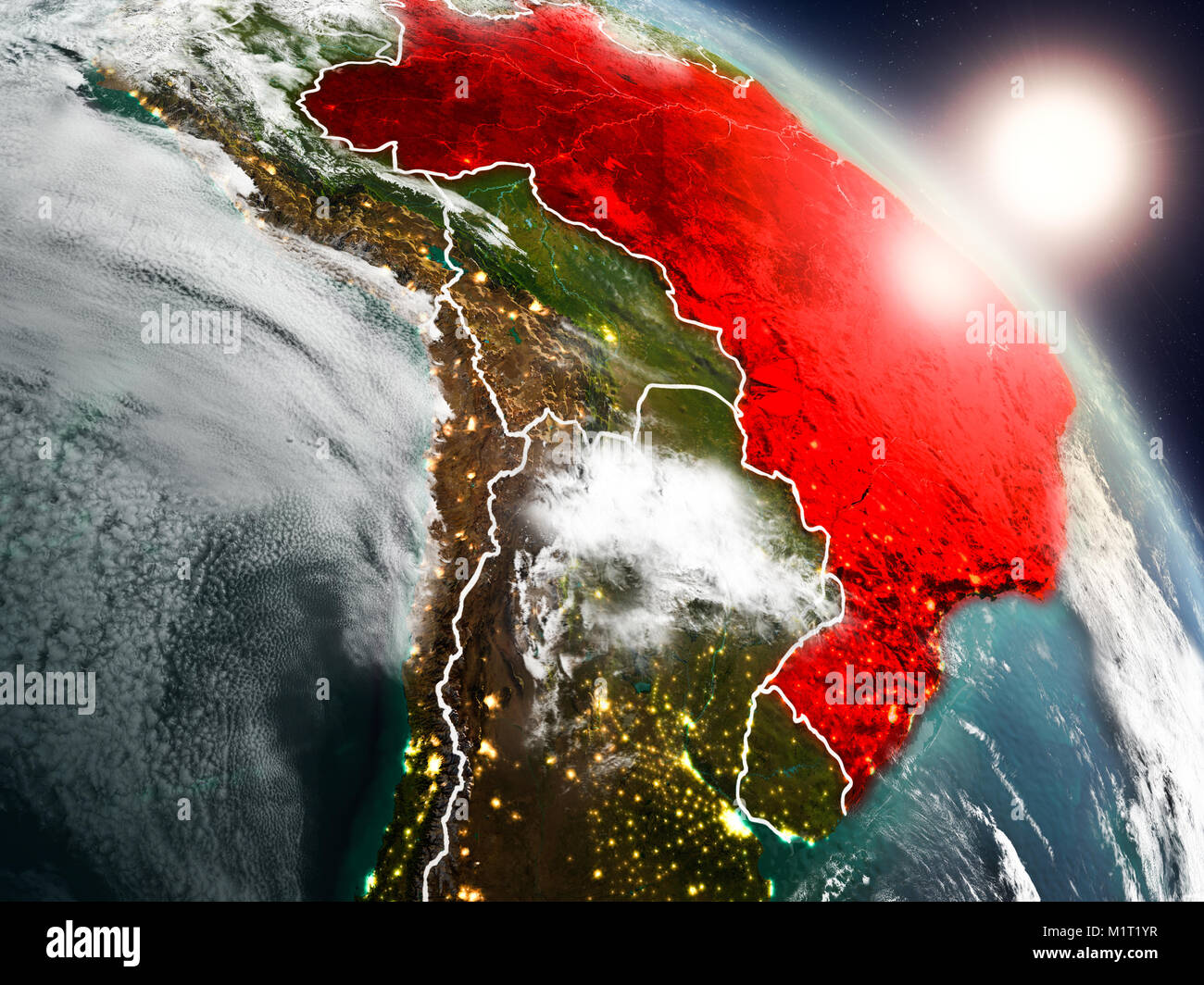 Sunset above Brazil from space on planet Earth with visible country ...