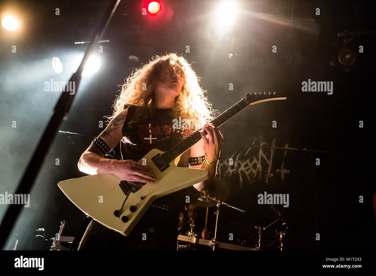 The Norwegian thrash metal band Nekromantheon performs a live concert ...