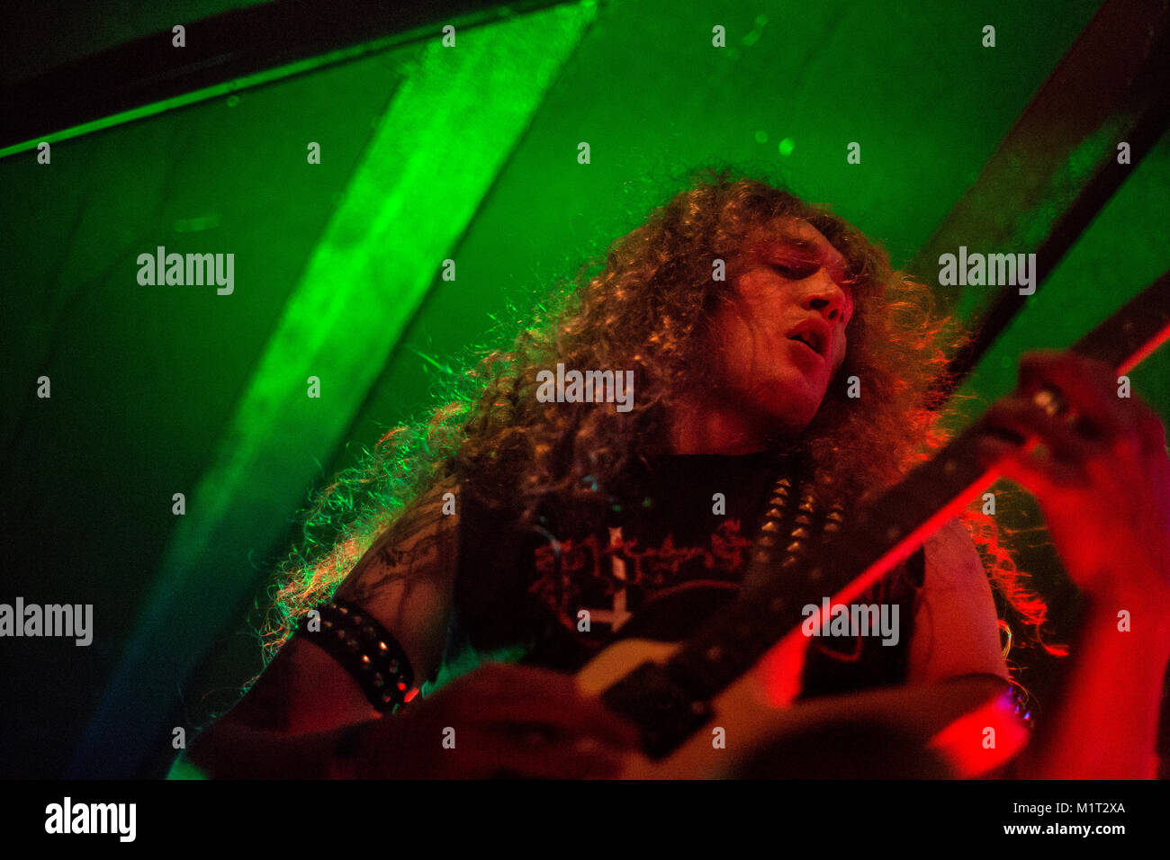 The Norwegian thrash metal band Nekromantheon performs a live concert ...