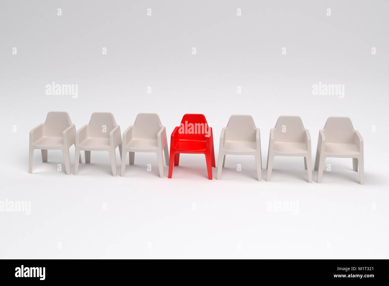 row of plastic plain chairs with one unique red, 3d rendering Stock ...
