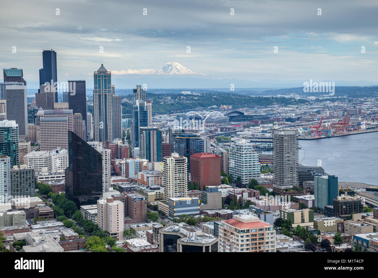 Seattle skyline with Mount Rainier in the background on an overcast day ...
