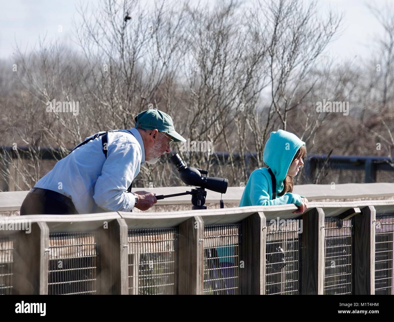 Older man with spotting scope teaches birdwatching to young girl with ...
