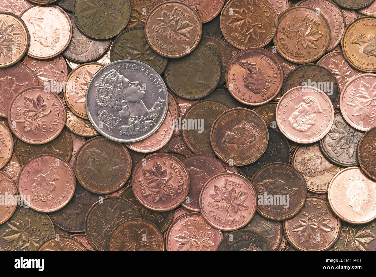 Canadian one cent coins and quarter - background Stock Photo - Alamy