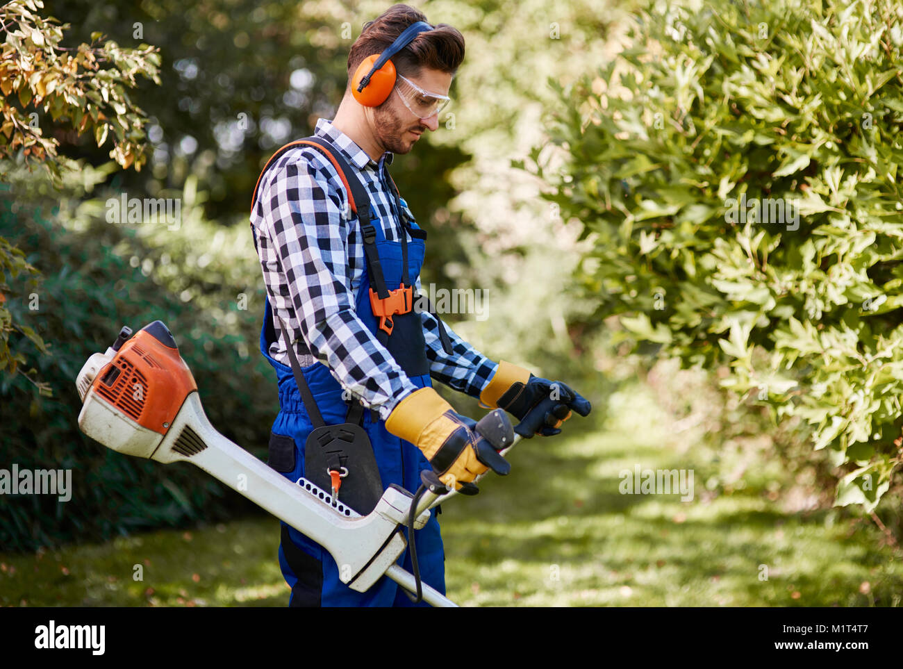 Man with weedwacker cutting the grass Stock Photo - Alamy