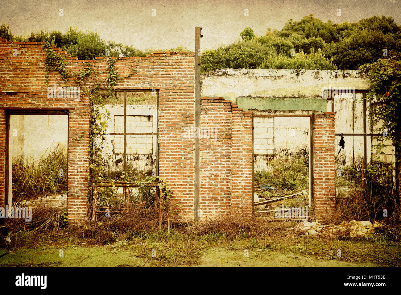 destroyed building,abandoned house on old paper background Stock Photo ...