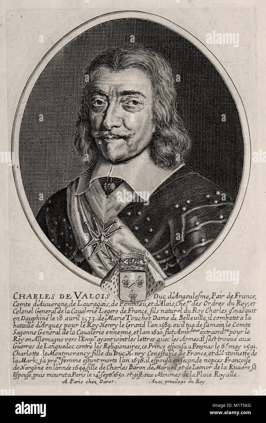 Portrait of Charles de Valois - French engraving 17th century Stock ...