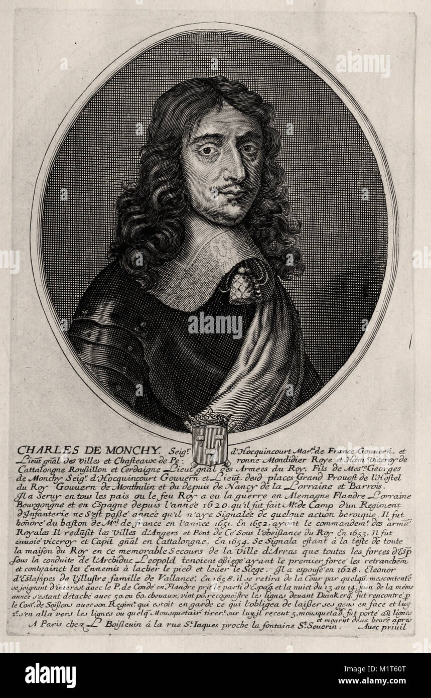 Portrait of Charles de Monchy - French engraving 17th century Stock ...