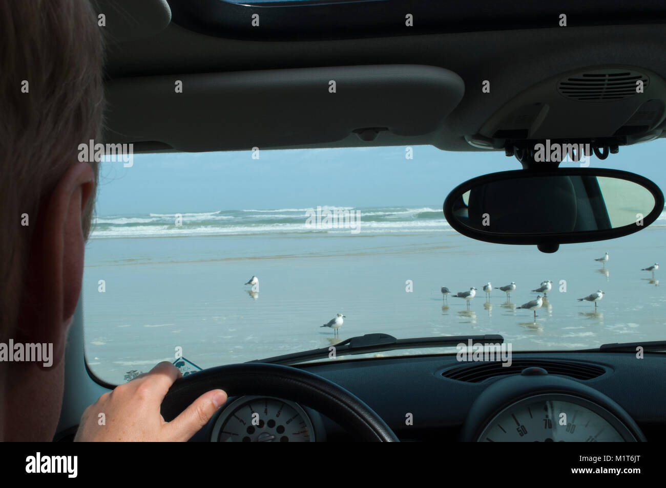 The most famous beach in the world. End of the trip. Car racing. Car on ...