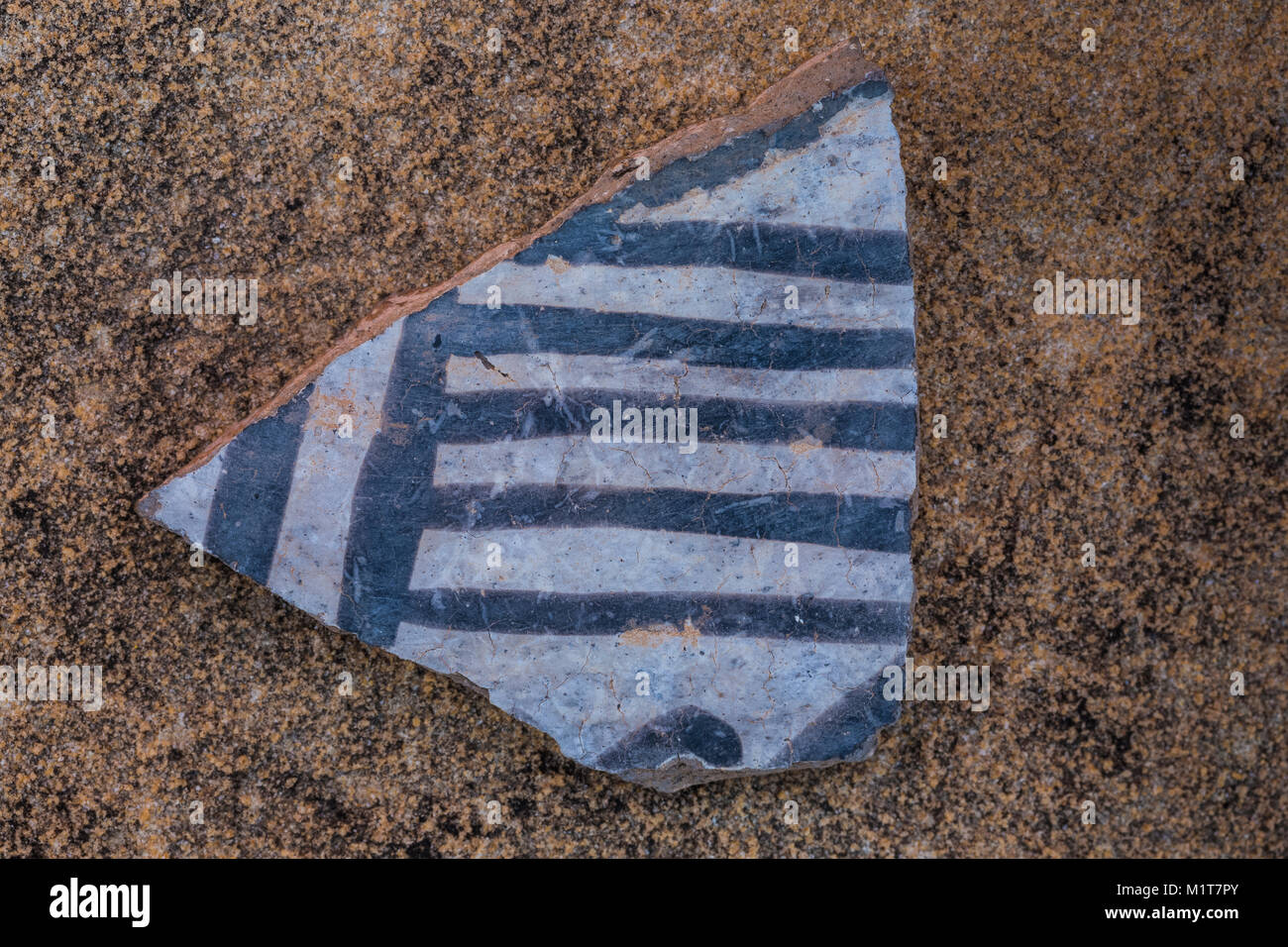 Potsherd in black-on-white style left by the Ancestral Puebloan people ...