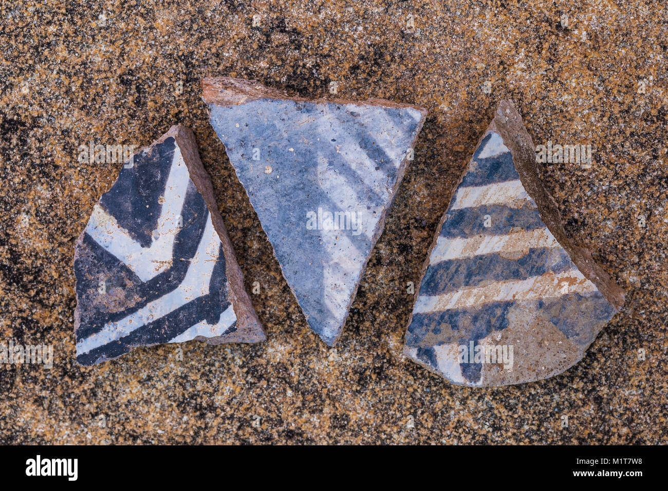 Potsherds in black-on-white style left by the Ancestral Puebloan people ...