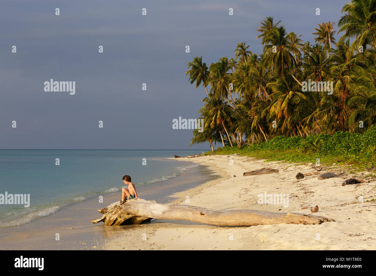 Young western boy playing at a beautiful tropical beach, Banyak ...