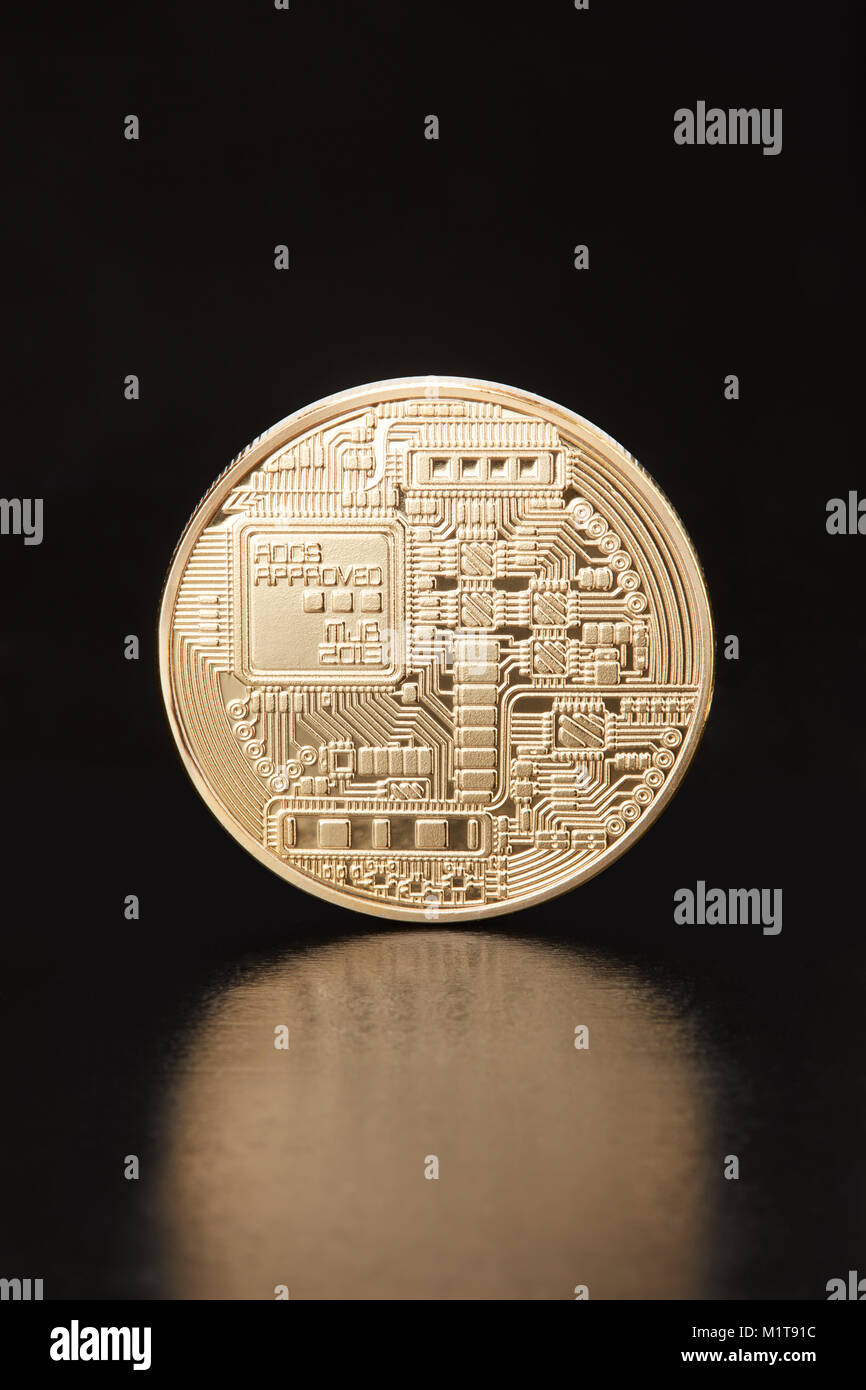 Golden Bitcoin back, cryptocurrency on black, clipping path Stock Photo ...