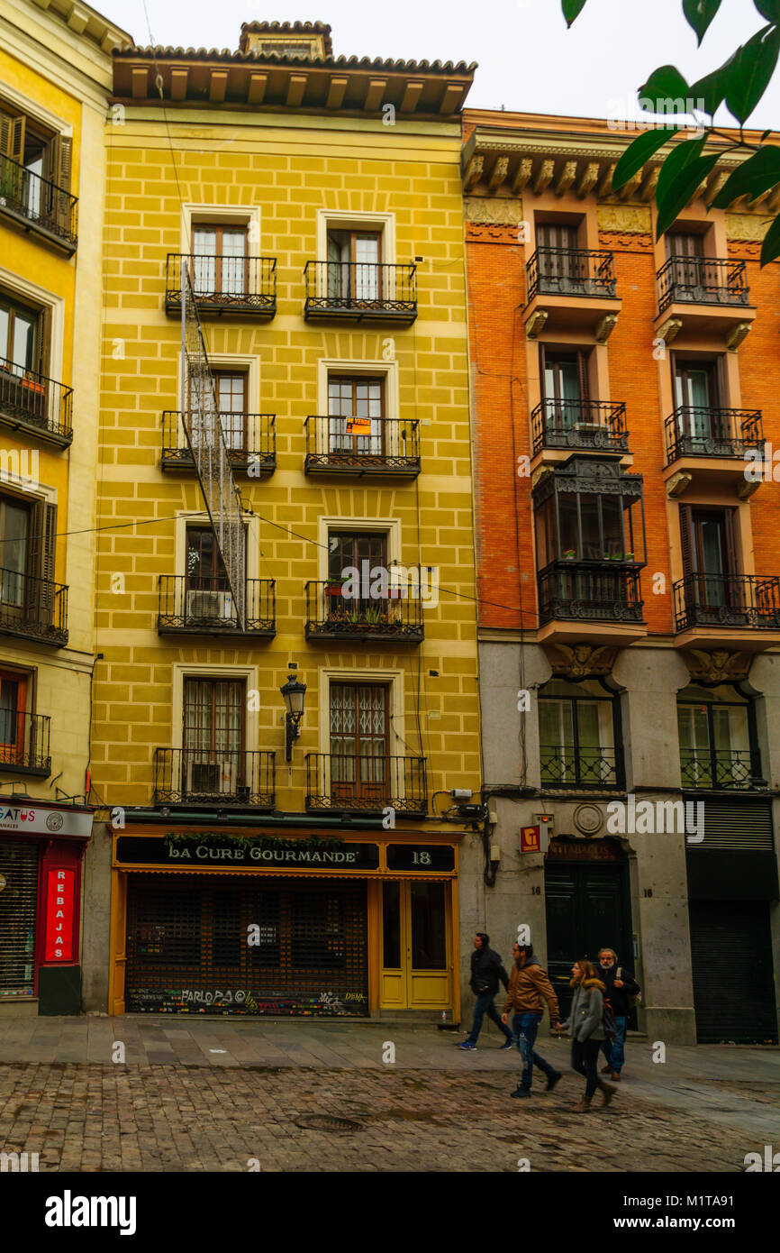 MADRID, SPAIN - DECEMBER 31, 2017: View of typical colorful buildings ...
