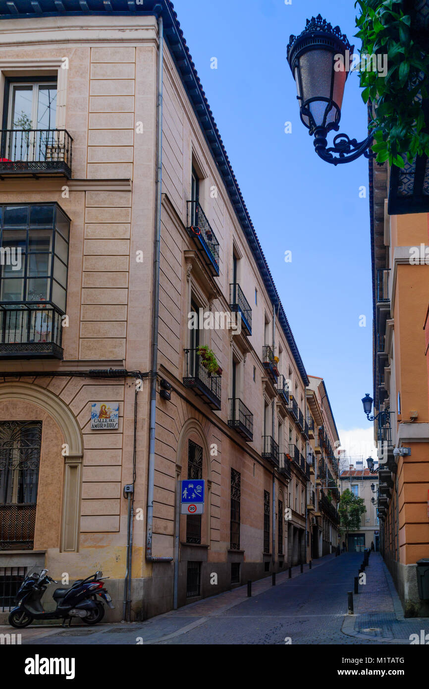 MADRID, SPAIN - JANUARY 1, 2018: Typical street with various buildings ...