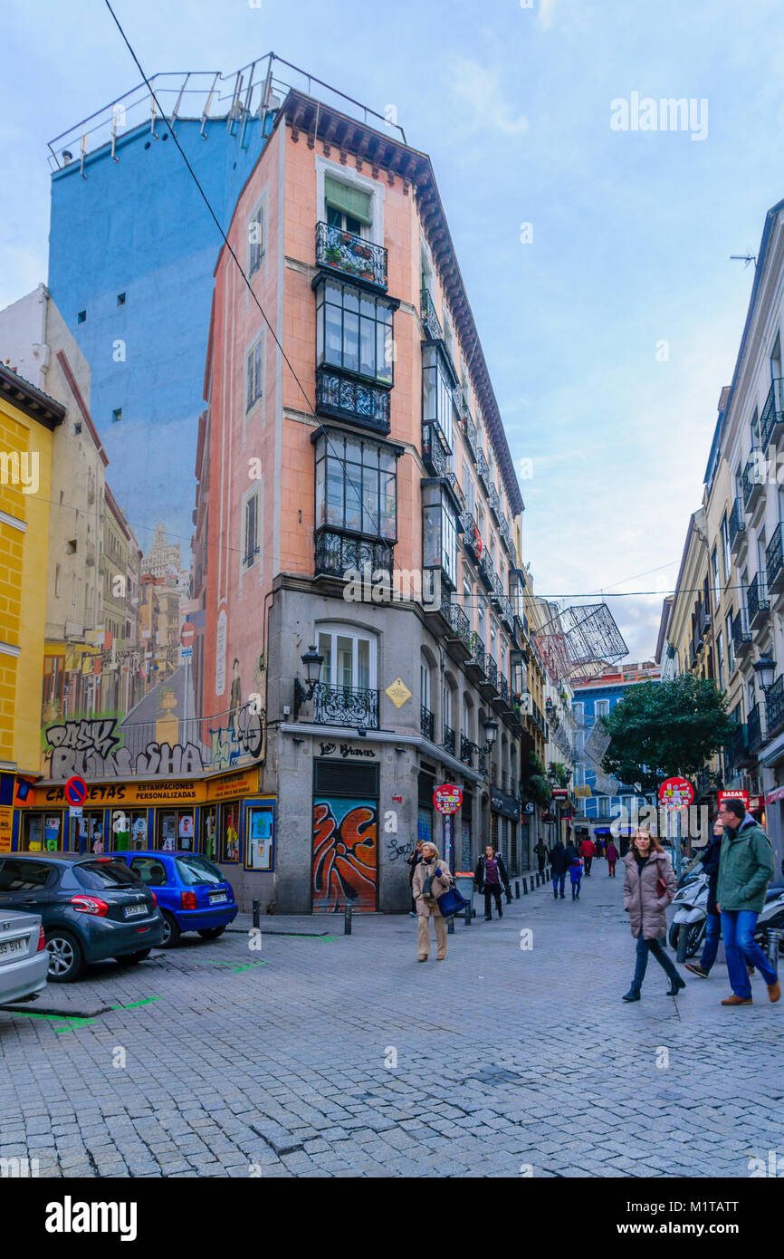 MADRID, SPAIN - JANUARY 1, 2018: Typical street with various buildings ...