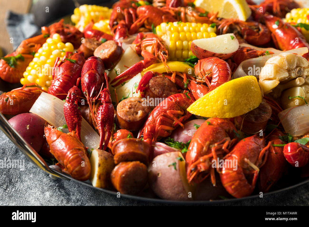Homemade Southern Crawfish Boil with Potatoes Sausage and Corn Stock ...