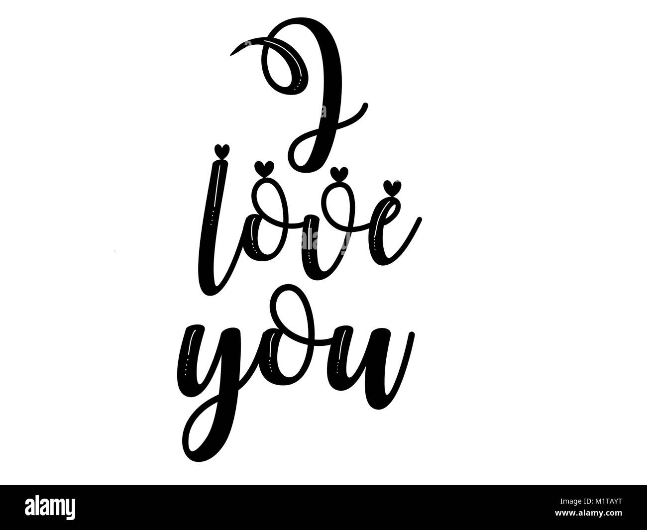 I love you lettering with small hearts. The text is isolated on white ...