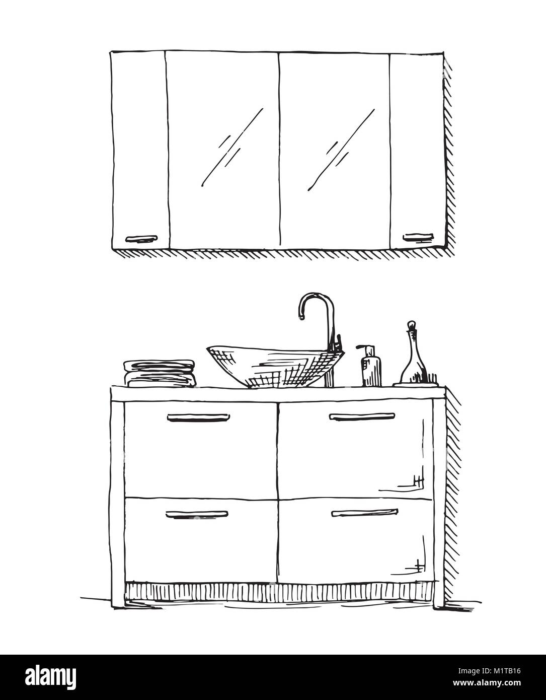 Hand drawn sketch. Linear sketch of an interior. Part of the bathroom ...