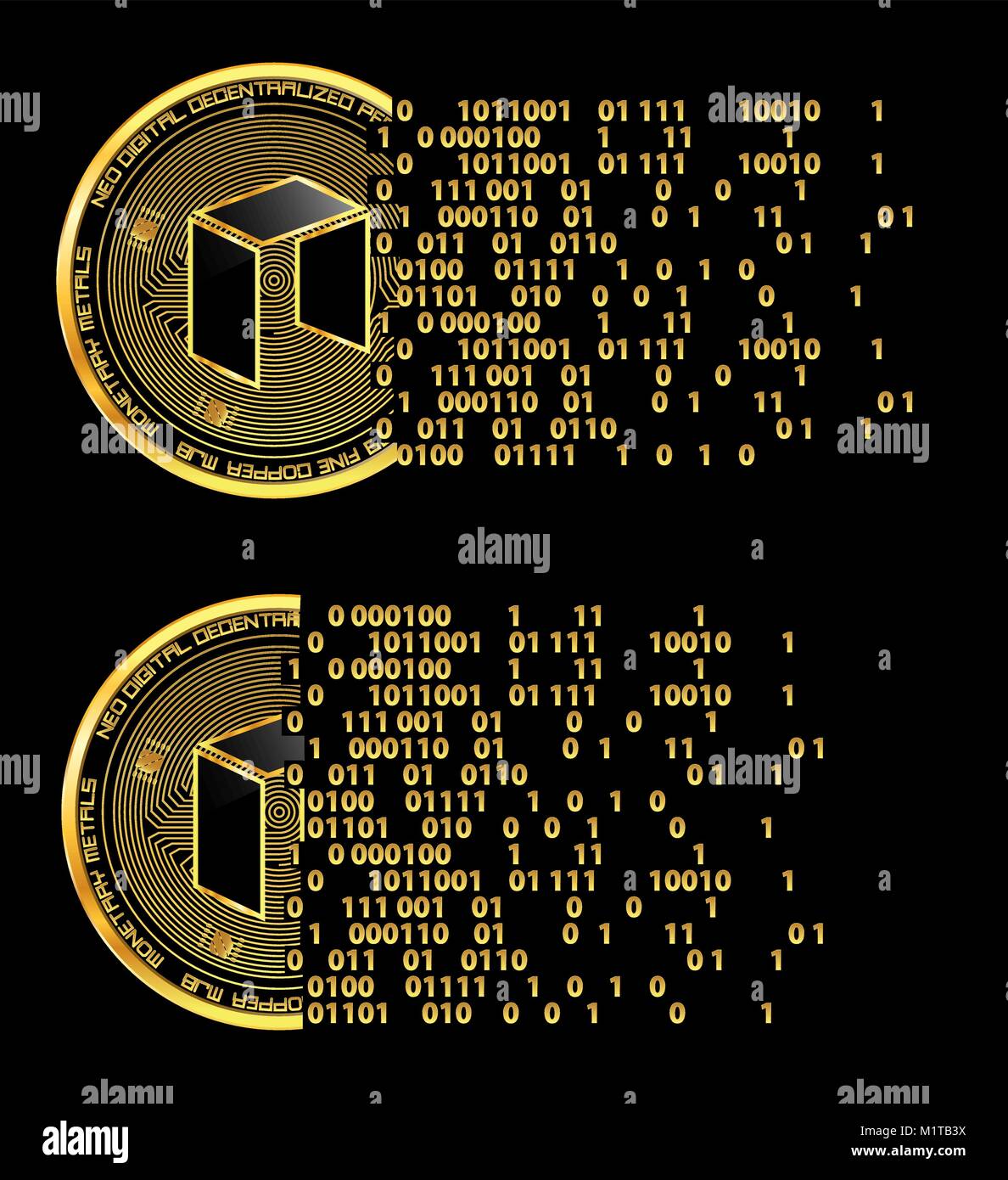 Set of crypto currency golden coins with black lackered neo symbol on ...