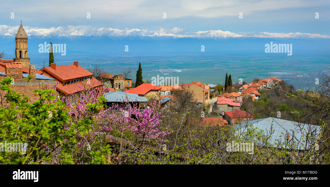 city of Signakhi in the mountains of Georgia, red tile roofs of brick ...