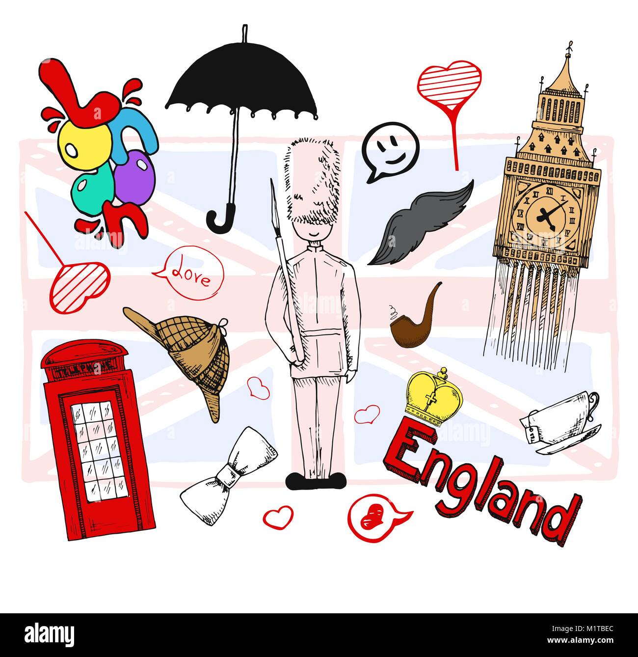 Hand drawn set of England symbols. Vector illustration in sketch style ...