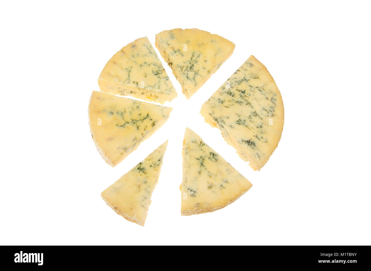 Blue Stilton cheese slices as a pie chart isolated against white Stock ...